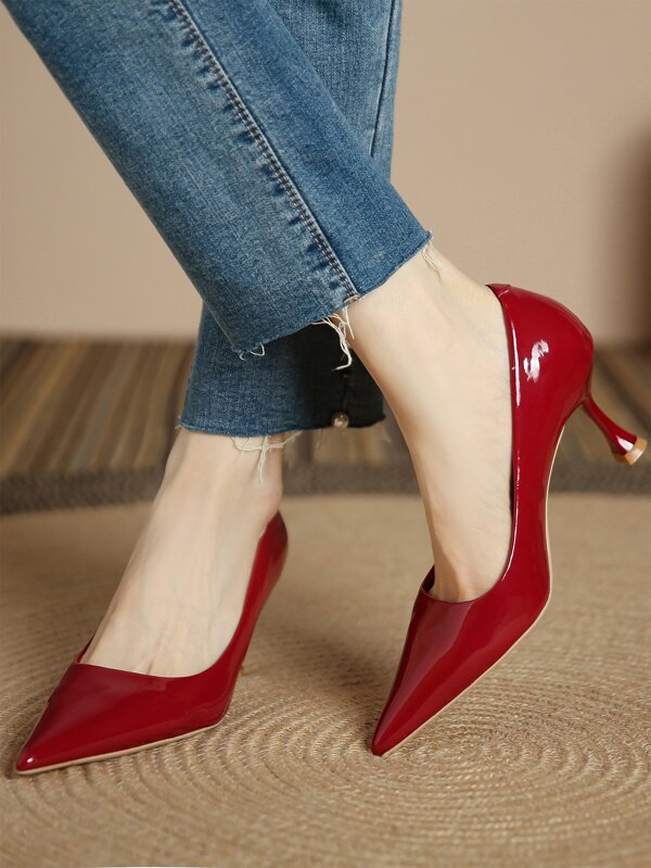 Women Red Minimalist Pumps, Point Toe Pyramid Heeled Court Pumps ...