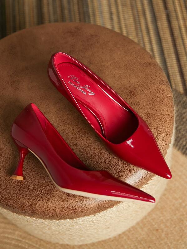 Women Red Minimalist Pumps, Point Toe Pyramid Heeled Court Pumps ...