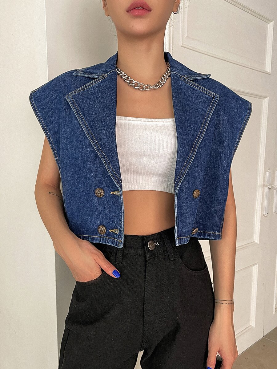 DAZY Double Button Crop Denim Vest Jacket | SHEIN USA