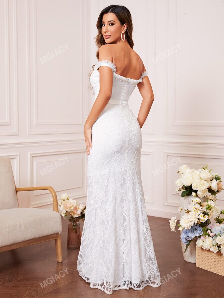 Off Shoulder Backless Mesh Wedding Dress Without Veil Mermaid Dress ...