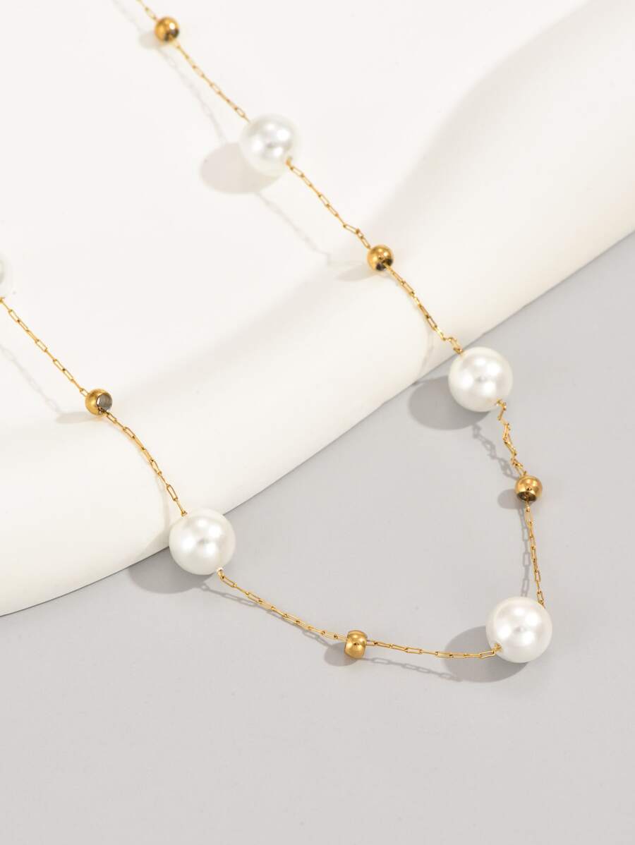 18k Gold Plated 1pc Stainless Steel Beaded Necklace, Suitable For Daily ...