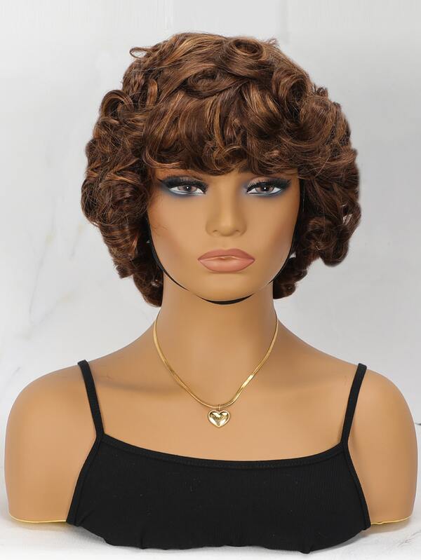 Bouncy Curly Short Hair Machine Made Pixie Cut Human Hair Wig With ...