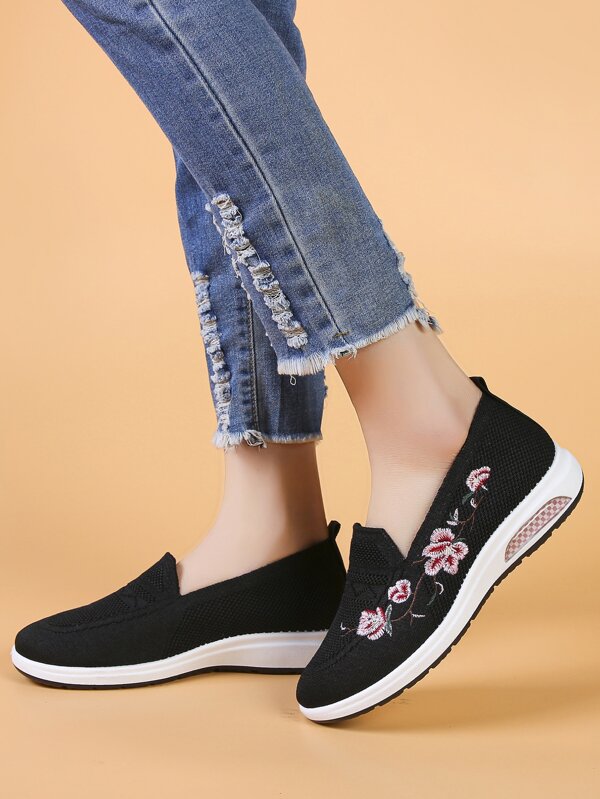 Women Floral Pattern Embroidery Detail Running Shoes, Sporty Outdoor ...