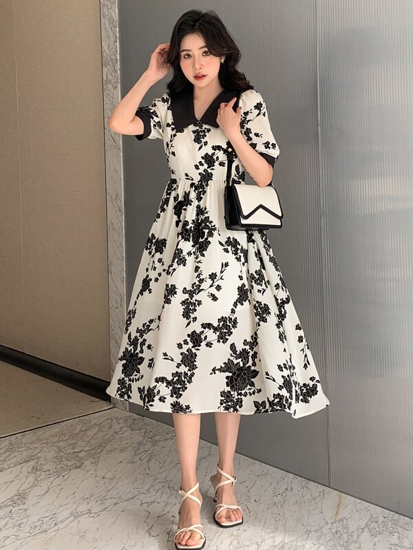 Dazy Floral Print Contrast Collar Puff Sleeve Dress Shein Usa
