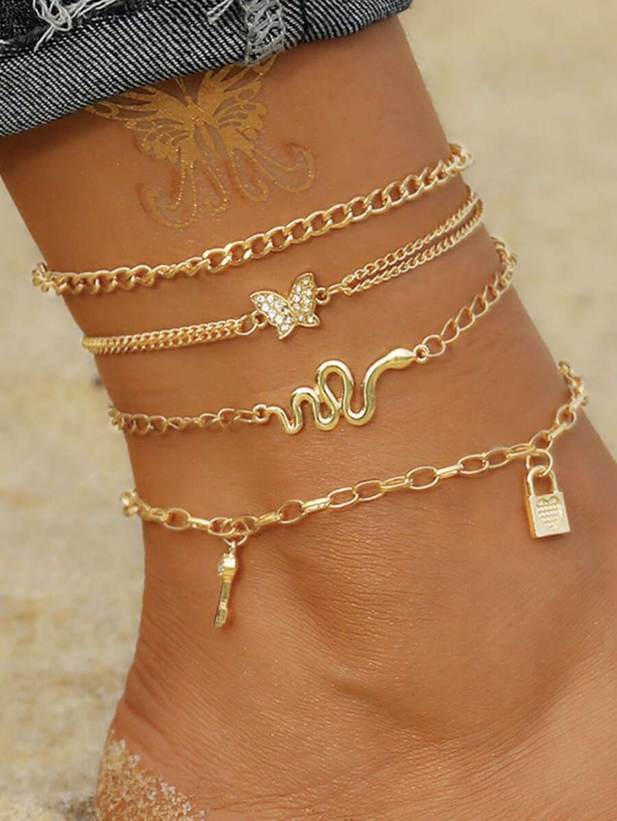 4pcs/set Snake & Butterfly Decor Anklet | SHEIN USA