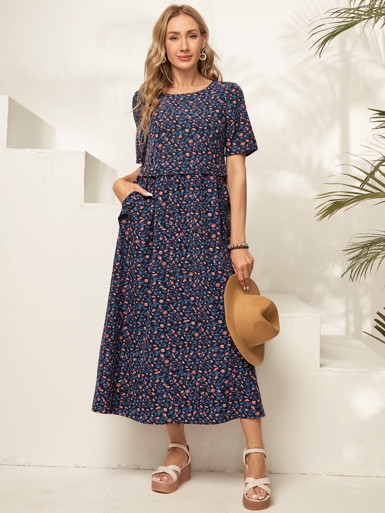 EMERY ROSE Vestido de bata impressão floral dits bolso inclinado ...