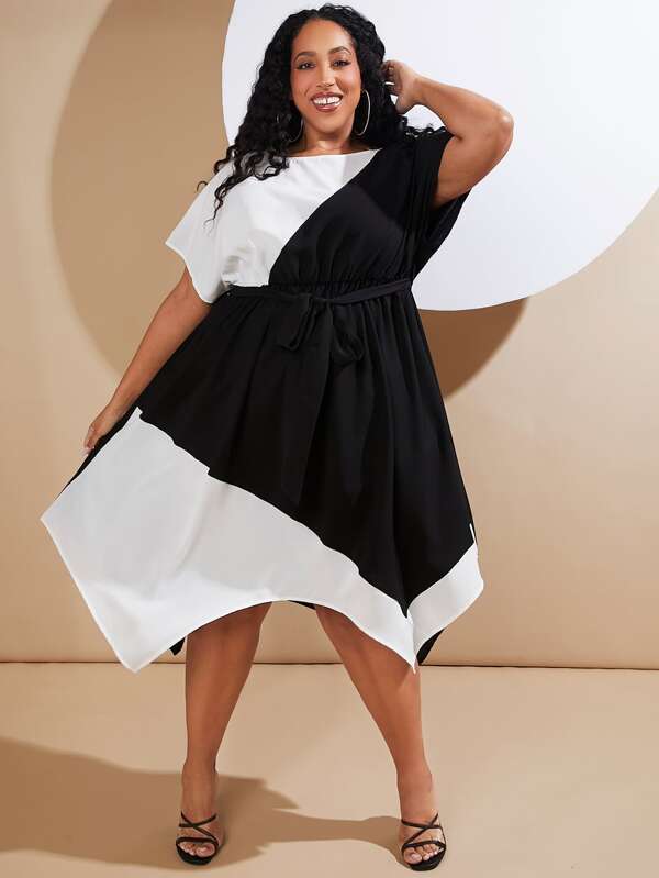 Shein Curve Plus Two Tone Asymmetrical Hem Belted Dress Shein Usa