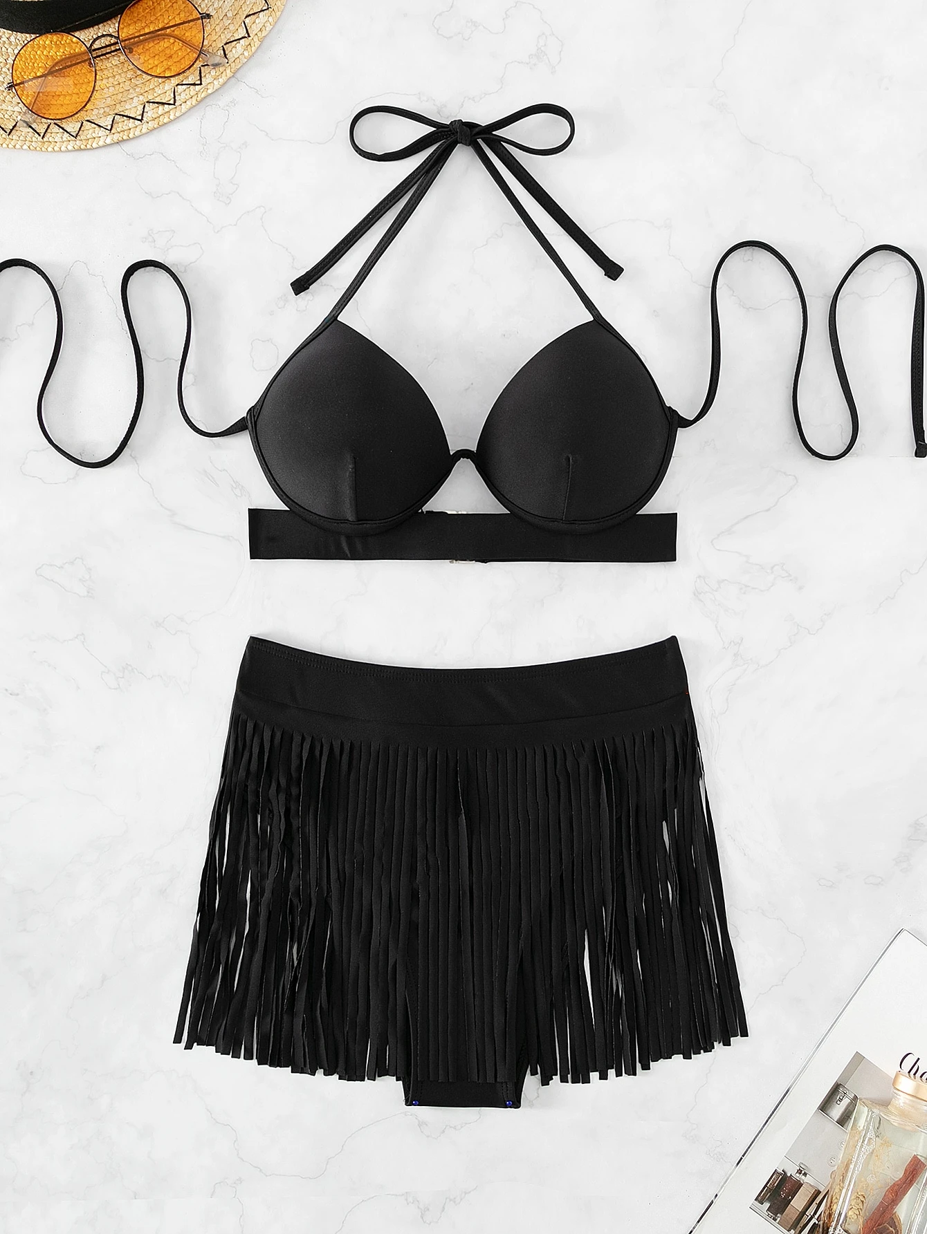 Fringe Hem Push Up Bikini Swimsuit With Beach Skirt | SHEIN USA