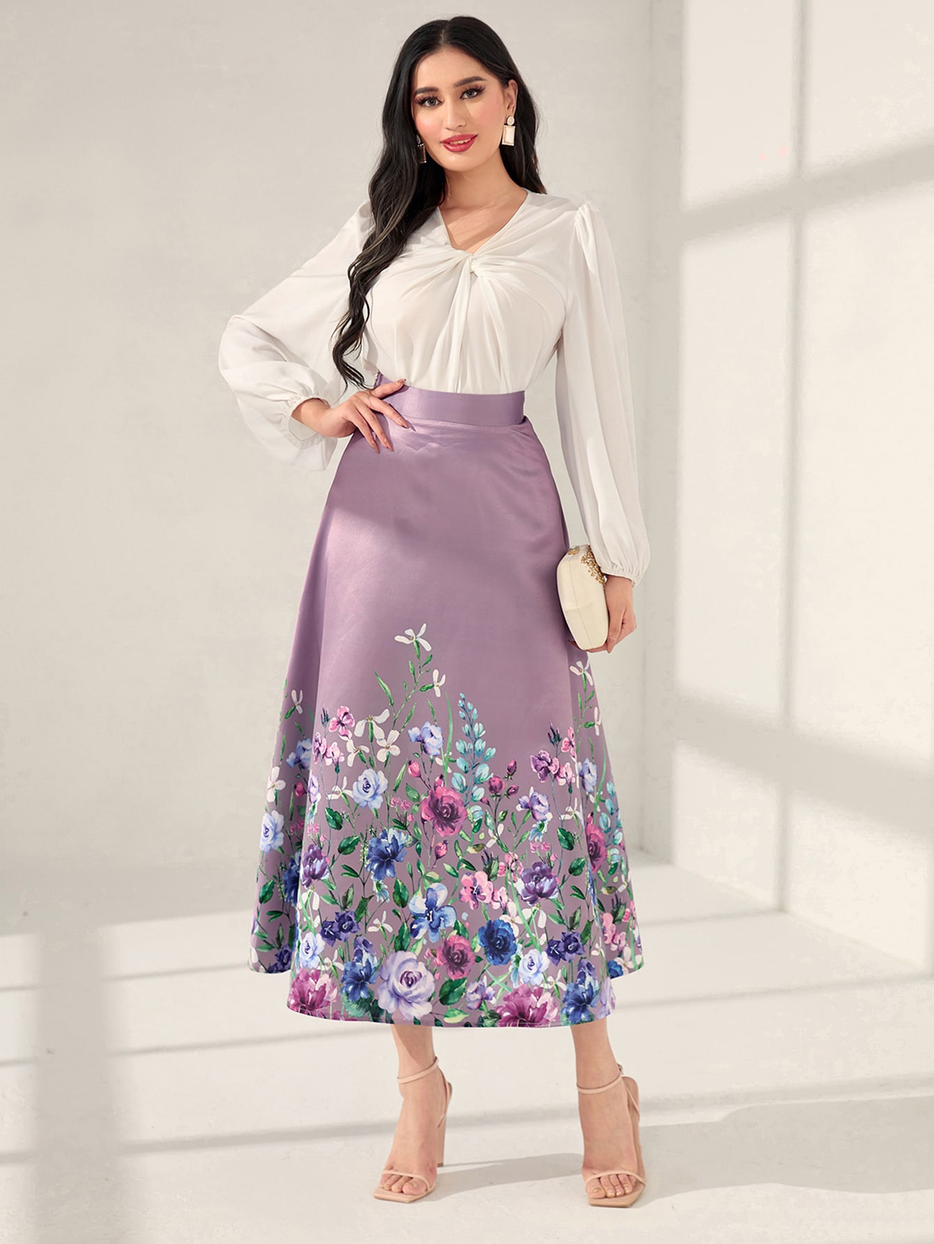 SHEIN Modely girante delantero de manga farol Top & con estampado ...