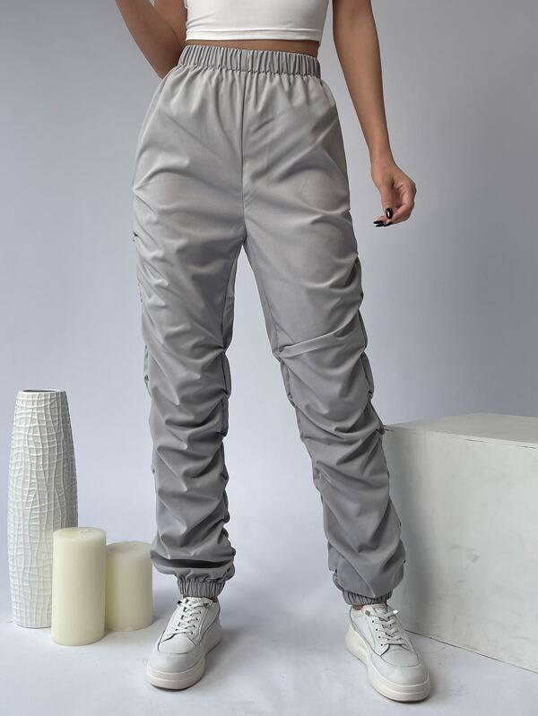 SHEIN Coolane Solid Elastic Waist Ruched Side Pants | SHEIN USA