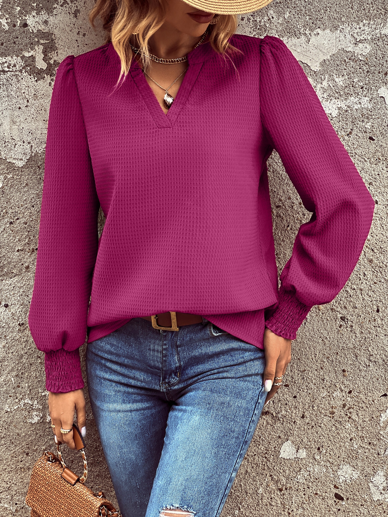 SHEIN LUNE Notched Neckline Lantern Sleeve Blouse | SHEIN USA