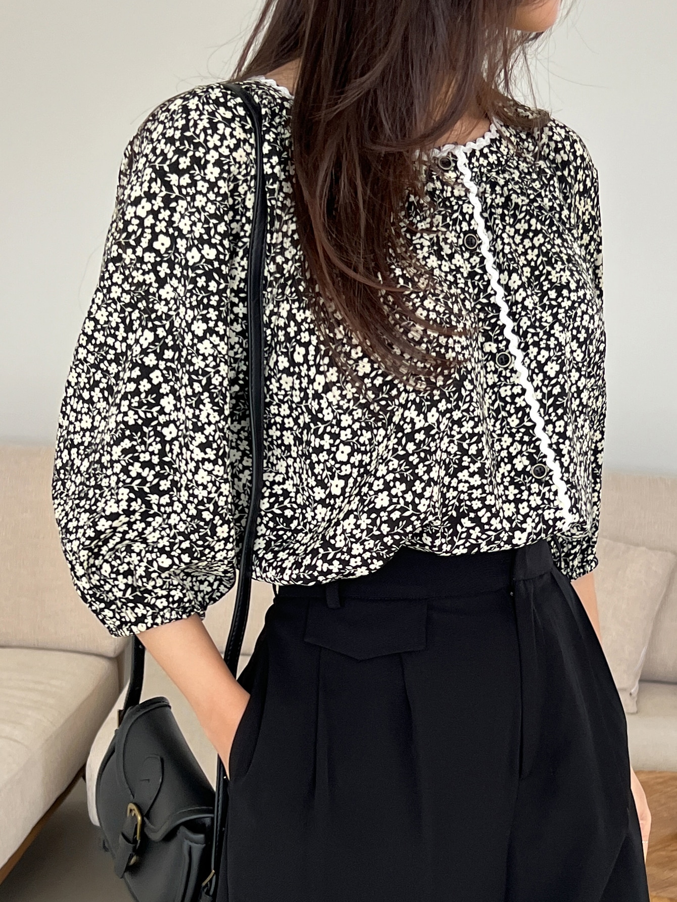 DAZY Blusa impressão floral dits abotoar manga da lanterna | SHEIN Brasil