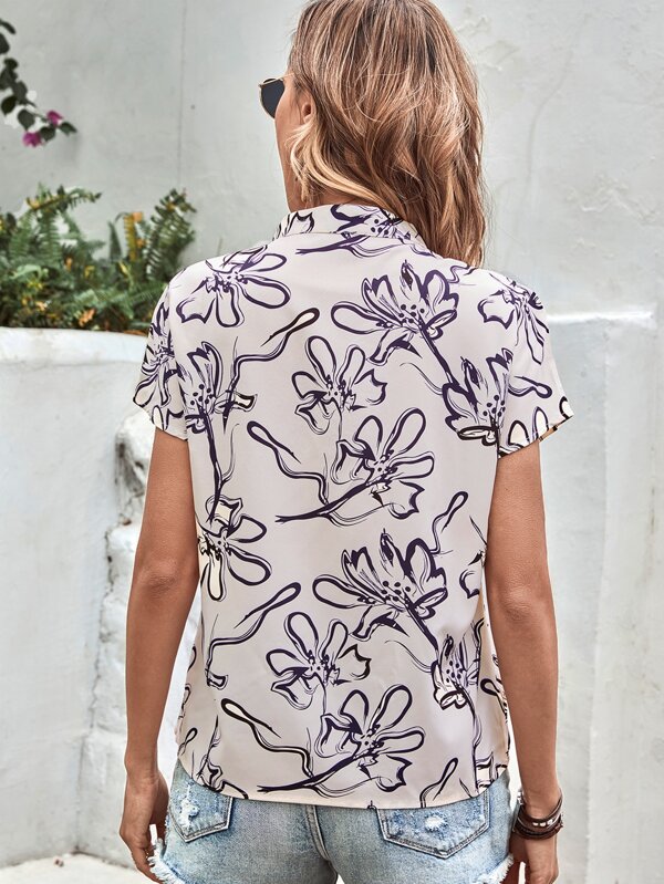 Shein Vcay Floral Print Notched Neck Batwing Sleeve Blouse Shein