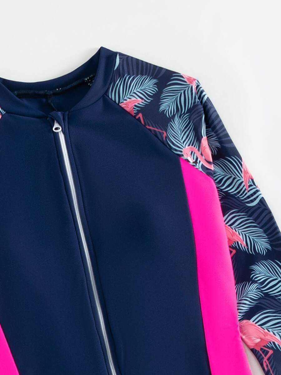 Tween Girl Tropical Print Zipper Front One Piece Swimsuit | SHEIN USA