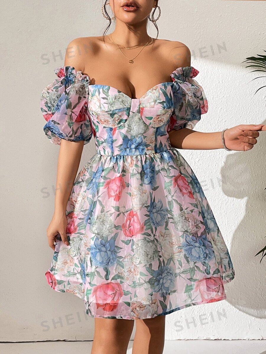 Shein Rosie Floral Print Sweetheart Neck Puff Sleeve Frill Trim Organza