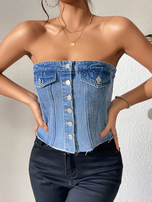 SHEIN Essnce Top en mezclilla con diseño de solapa con botón delantero ...