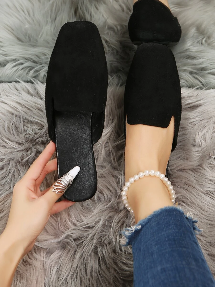 Women Black Square Toe Flats, Elegant Faux Suede Mule Flats For Outdoor ...