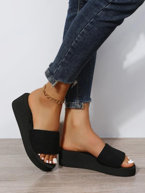 Women Minimalist Single Band Wedge Slide Sandals Knit Wedge Fashion ...
