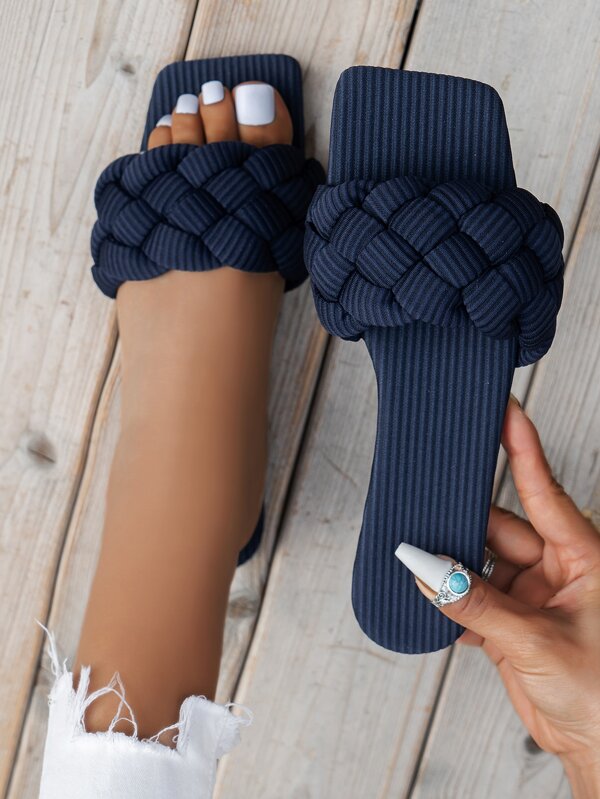 Women Braided Design Single Band Open Toe Slide Sandals, Vacation Solid ...