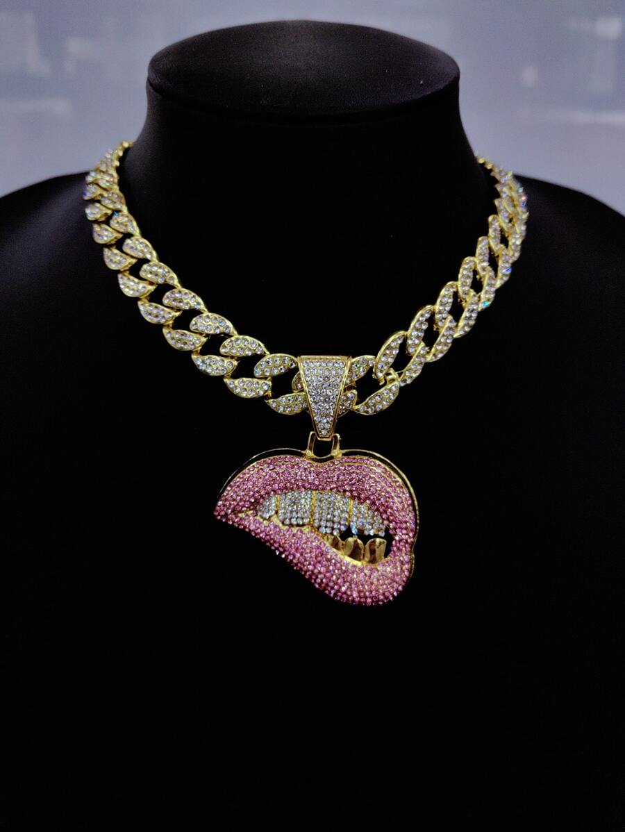 Men Rhinestone Lip Pendant Necklace Punk Hip Pop Style Chain, For ...