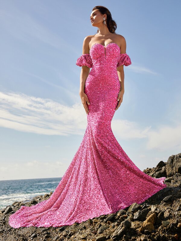 Off Shoulder Mermaid Hem Sequin Prom Dress | SHEIN USA