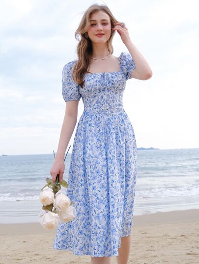 Ditsy Floral Print Square Neck Puff Sleeve Knot Front Dress | SHEIN UK