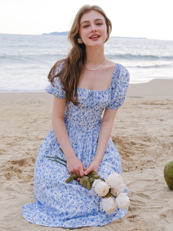 Ditsy Floral Print Square Neck Puff Sleeve Knot Front Dress | SHEIN UK