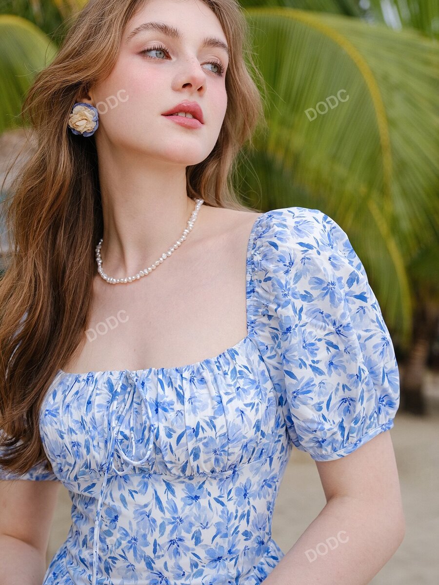 Ditsy Floral Print Square Neck Puff Sleeve Knot Front Dress | SHEIN UK