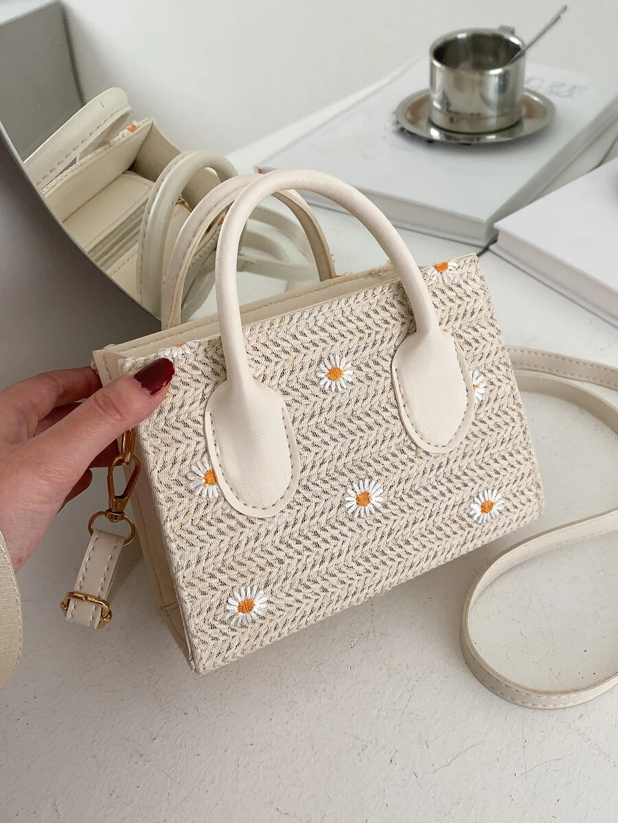 Mini Floral Embroidered Straw Bag Fashion Woven Crossbody Bag Women's ...