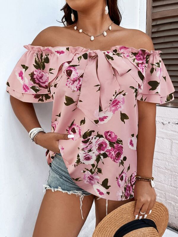 Shein Vcay Plus Floral Print Off Shoulder Knot Front Blouse | Shein Usa