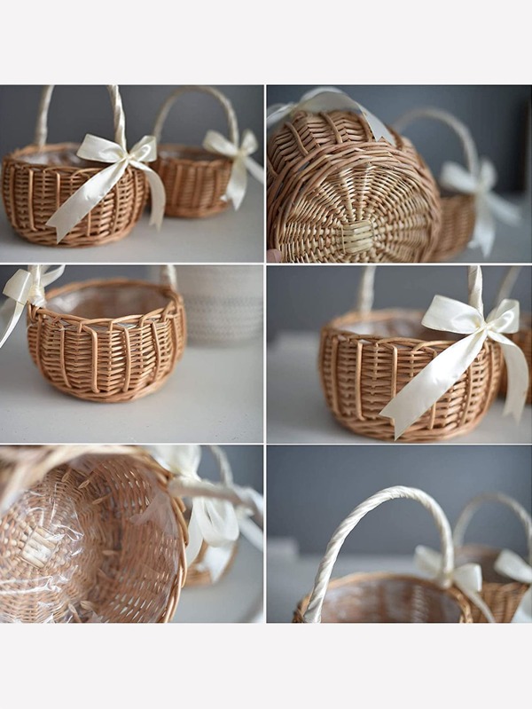 1pc Ribbon Decor Braided Design Flower Girl Basket,Boho Rattan Bow ...