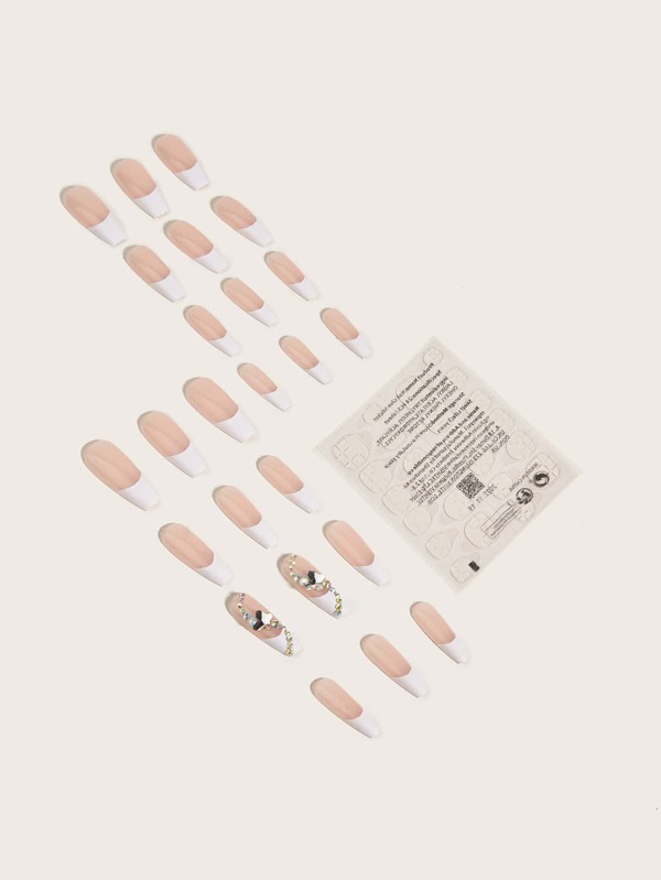 Elevate Your Style With 24pcs Long Coffin White French Rhinestone 3d