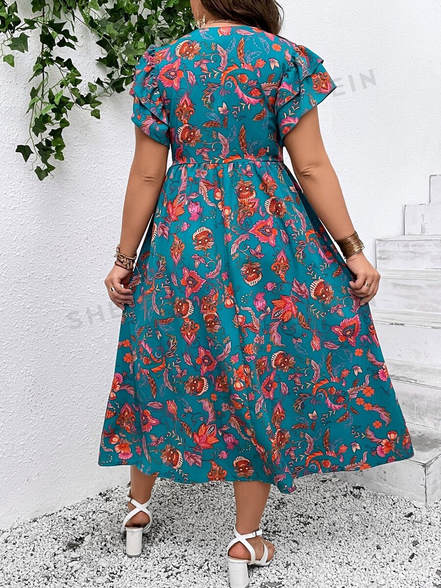 SHEIN VCAY Plus Floral Print Butterfly Sleeve Dress | SHEIN USA