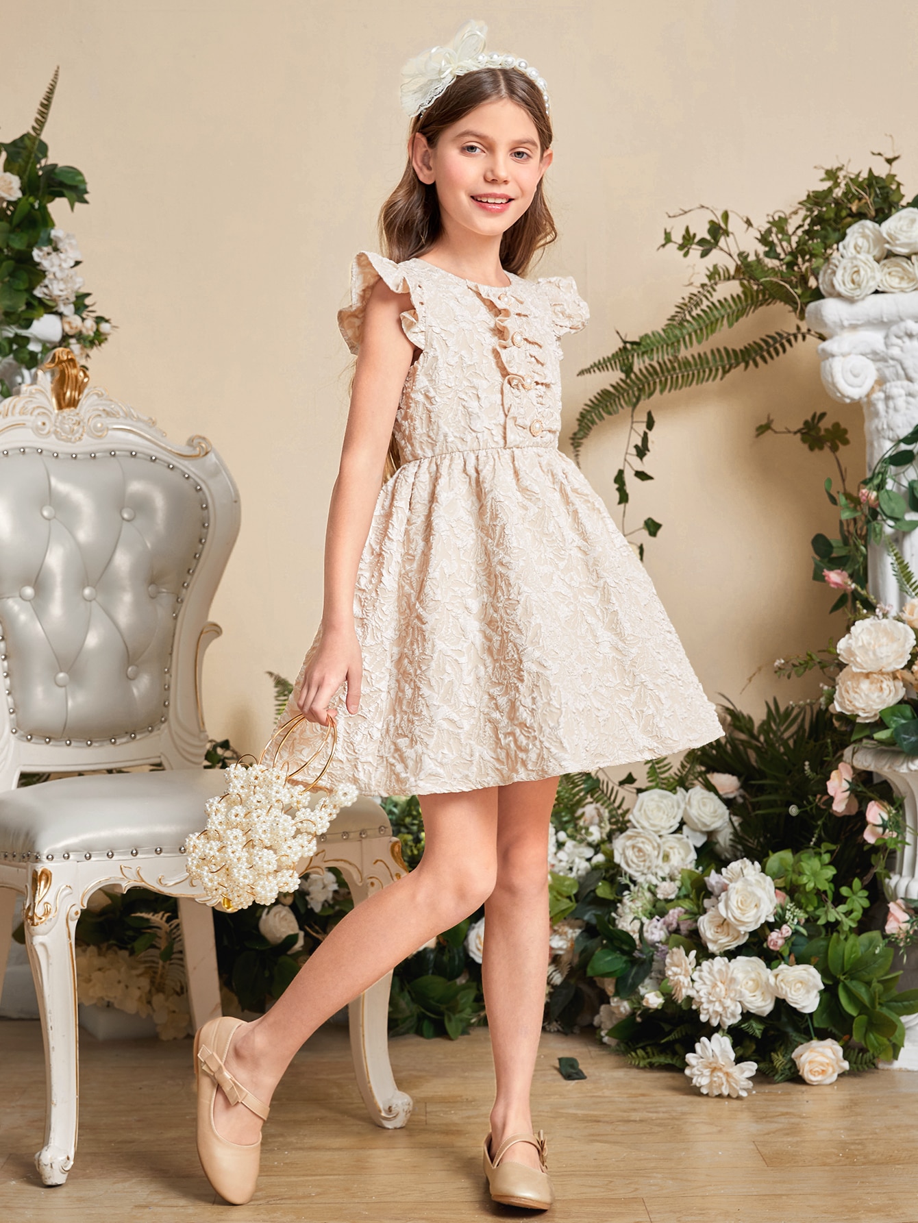 SHEIN Kids Nujoom Girls Textured Ruffle Trim Button Front Dress | SHEIN USA