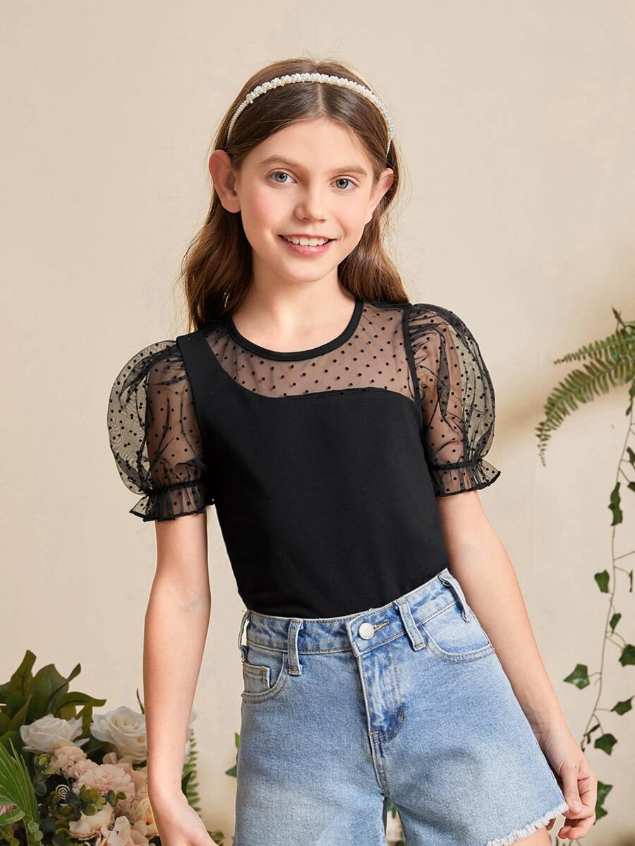 SHEIN Tween Girl Contrast Dobby Mesh Panel Puff Sleeve Tee | SHEIN USA