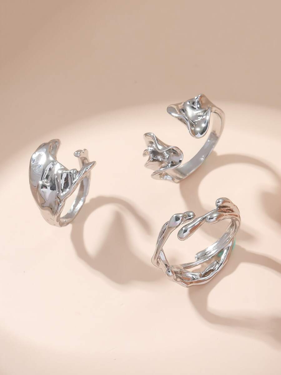 3pcs/set Metal Textured Cuff Ring | SHEIN USA