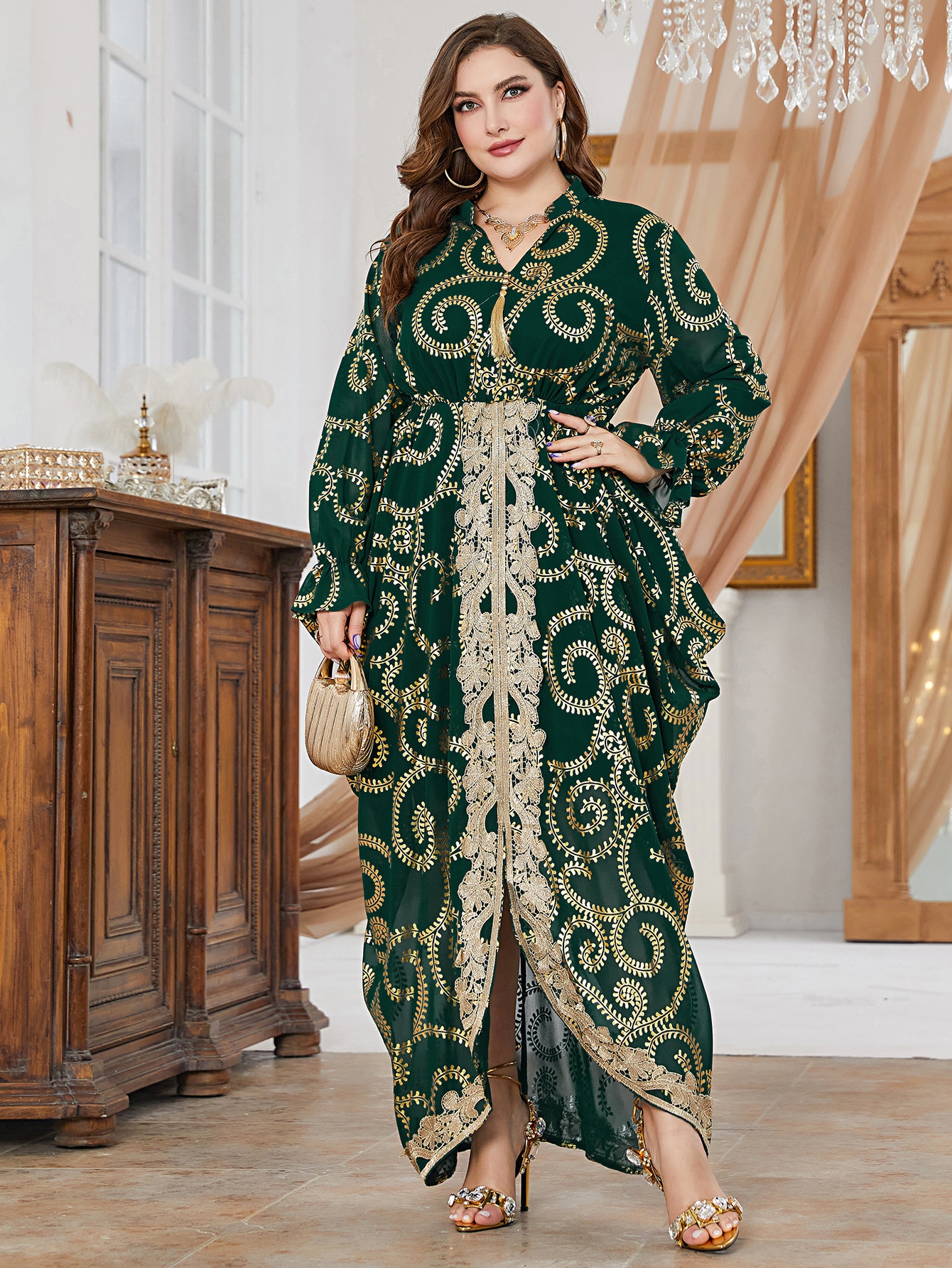 Shein Najma Plus Allover Print Contrast Lace Flounce Sleeve Dress