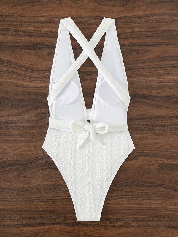Shein Swim Chicsea Solid Criss Cross Plunging One Piece Swimsuit Shein Uk