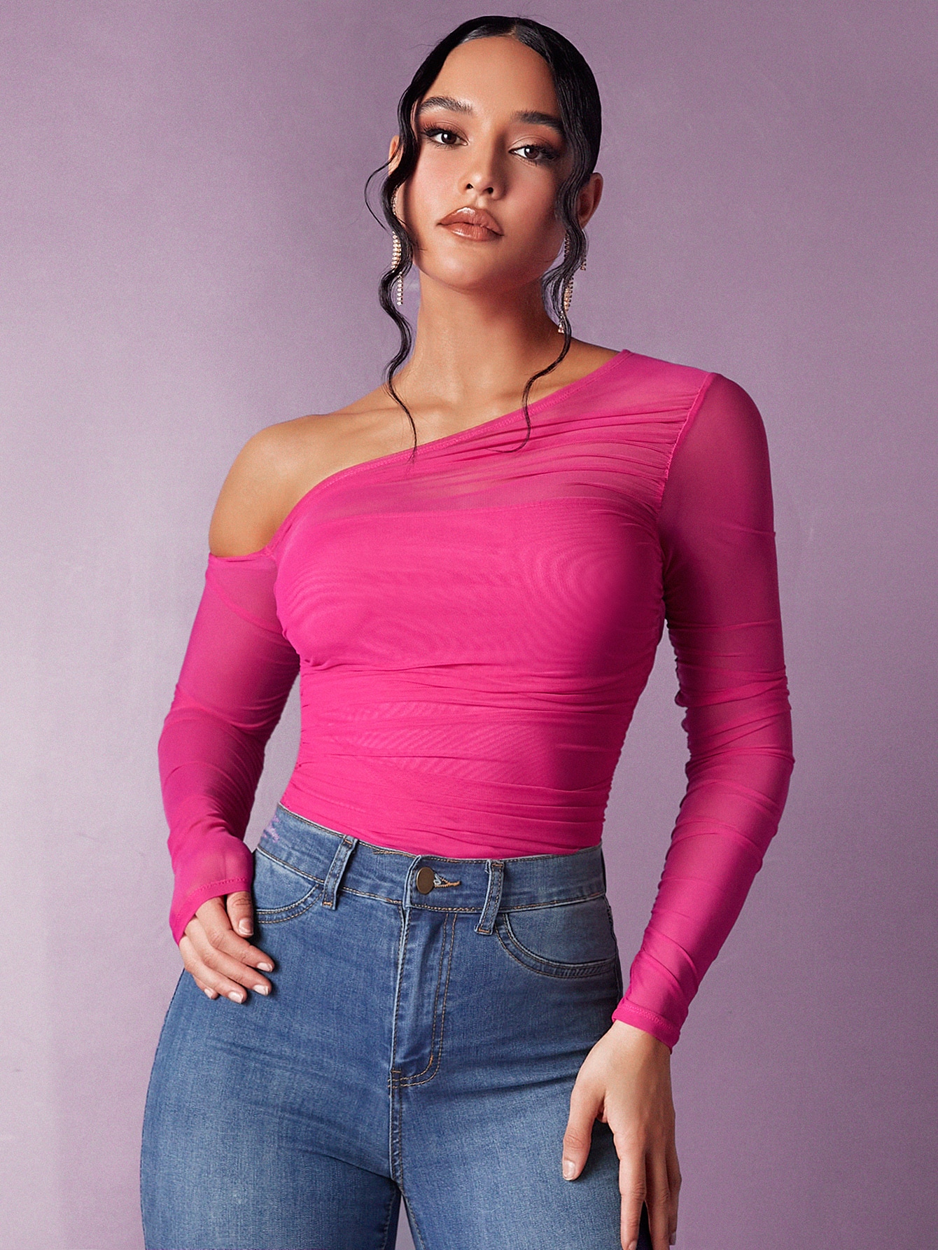 SHEIN BAE Asymmetrical Neck Ruched Mesh Top