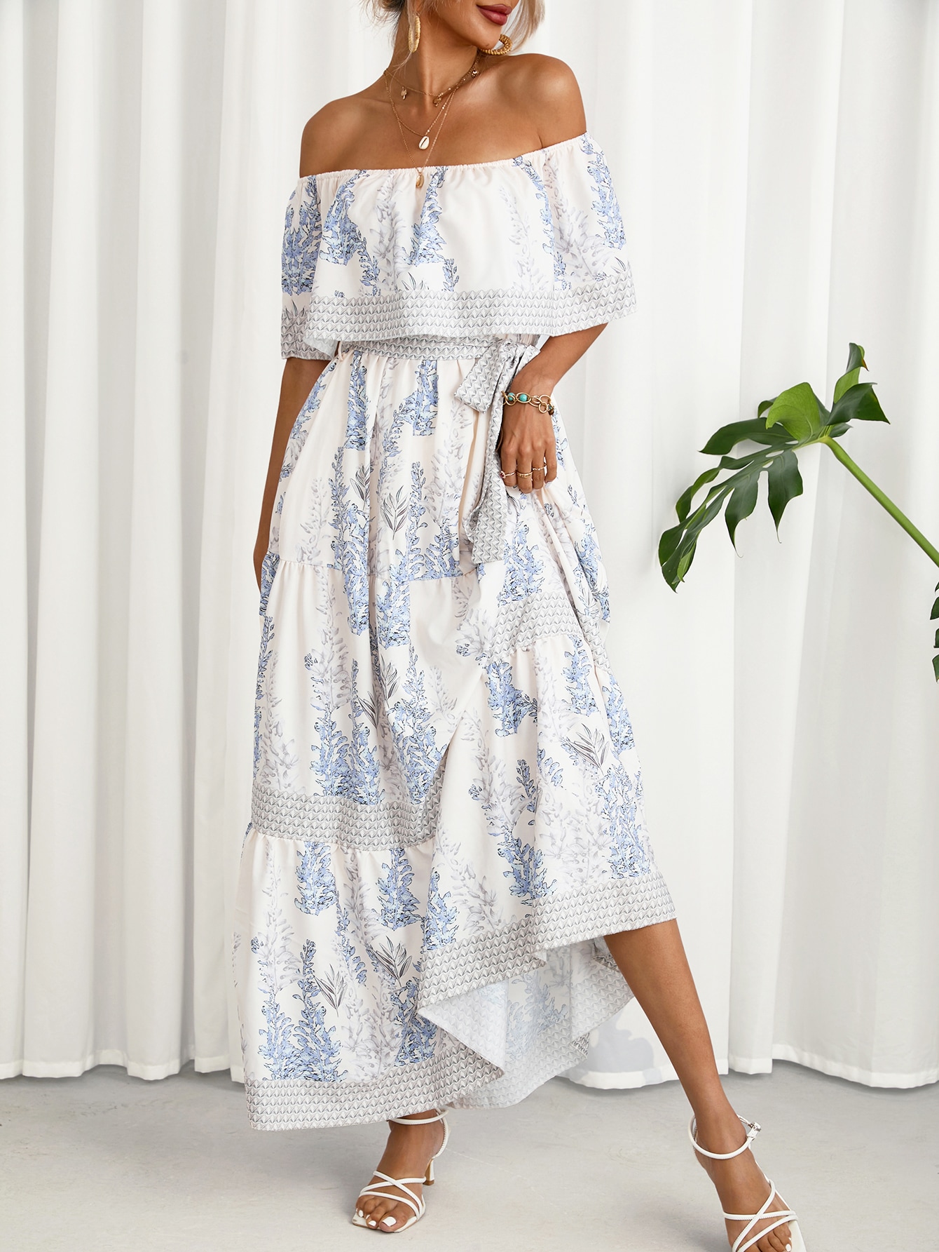 SHEIN VCAY Plants Print Off Shoulder Ruffle Hem Dress | SHEIN EUR