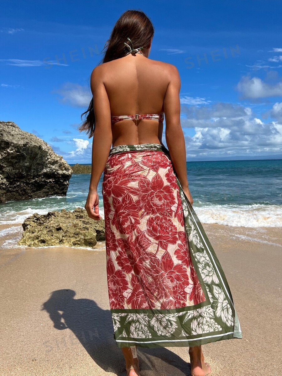 Shein Swim Floral Print Bikini Set Halter Underwire Top And Tie Side