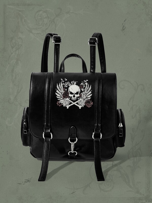 Goth Skull & Wing Pattern Flap Backpack | SHEIN USA