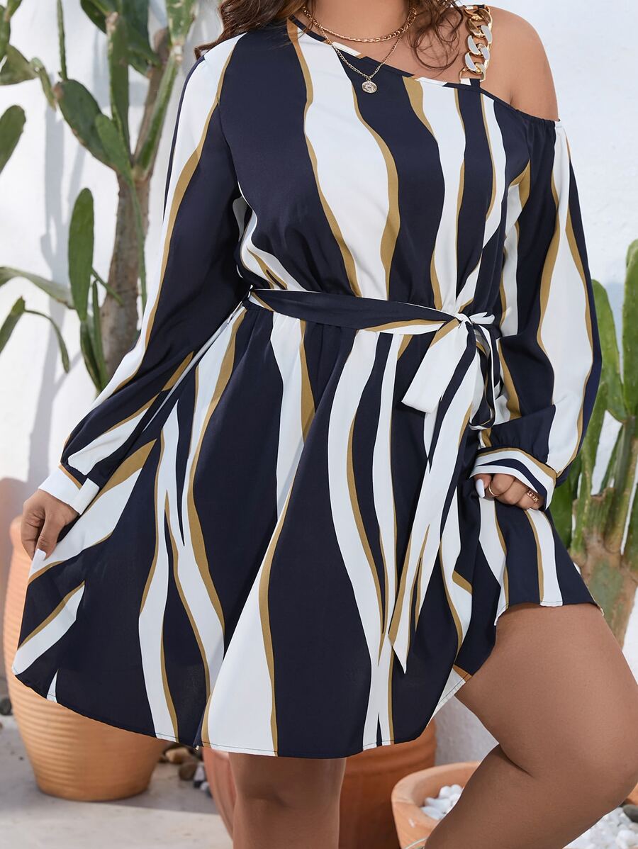 SHEIN Clasi Plus Colorblock Striped Asymmetrical Neck Belted Dress ...