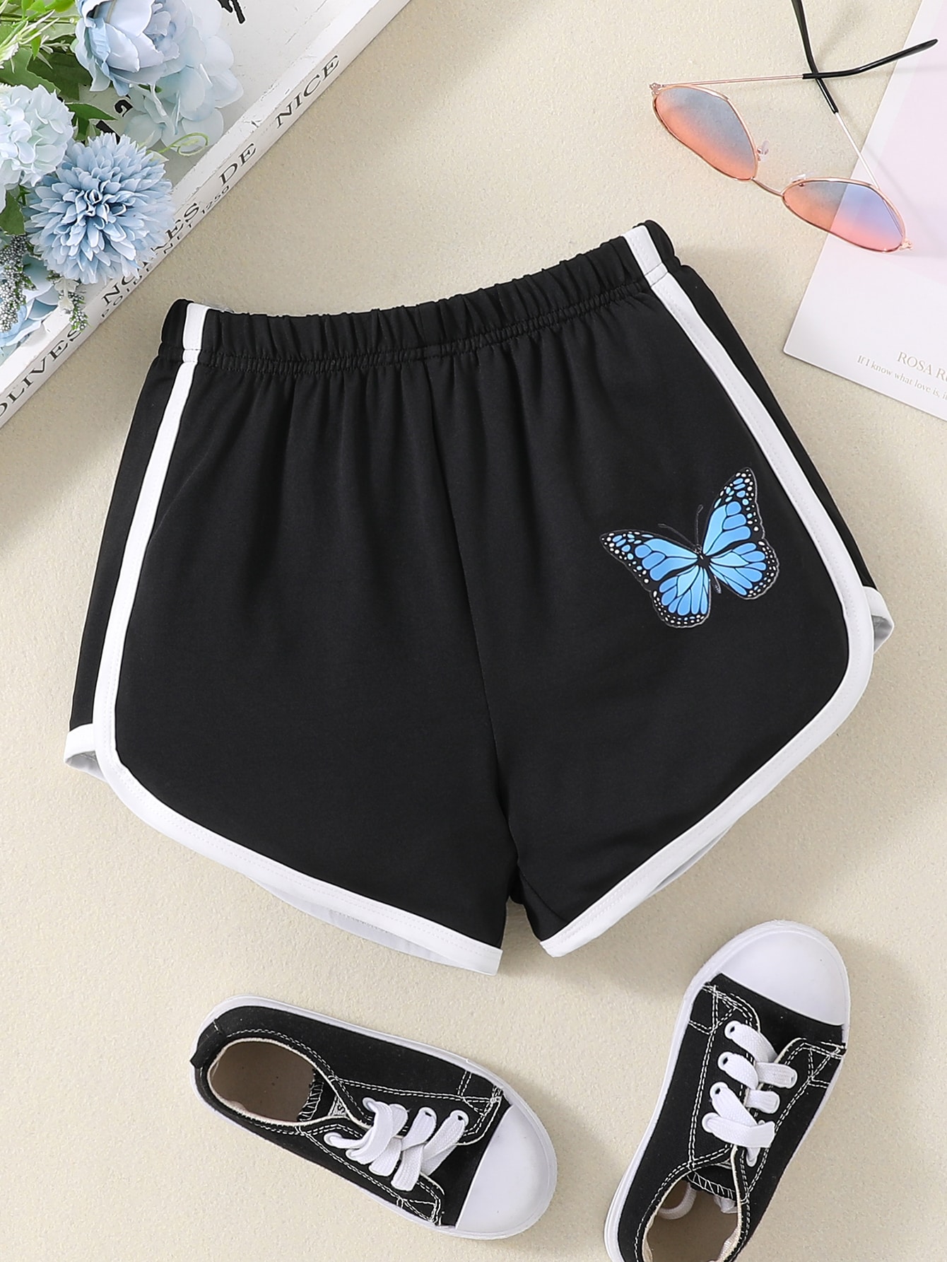 SHEIN Kids EVRYDAY Girls Butterfly Print Contrast Binding Track Shorts ...