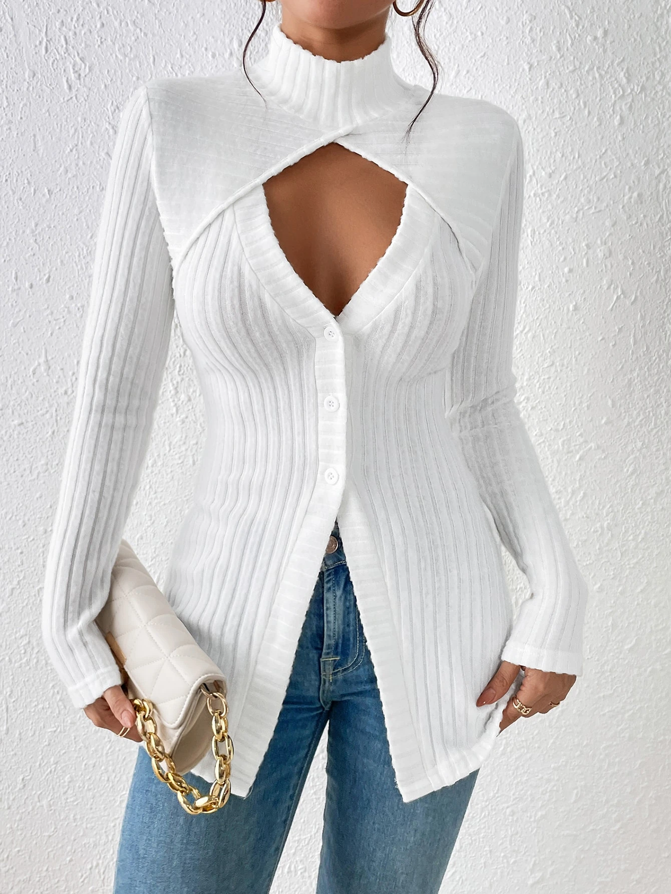 SHEIN Privé Mock Neck Cut Out Front Button Detail Ribbed Knit 2 In 1 ...