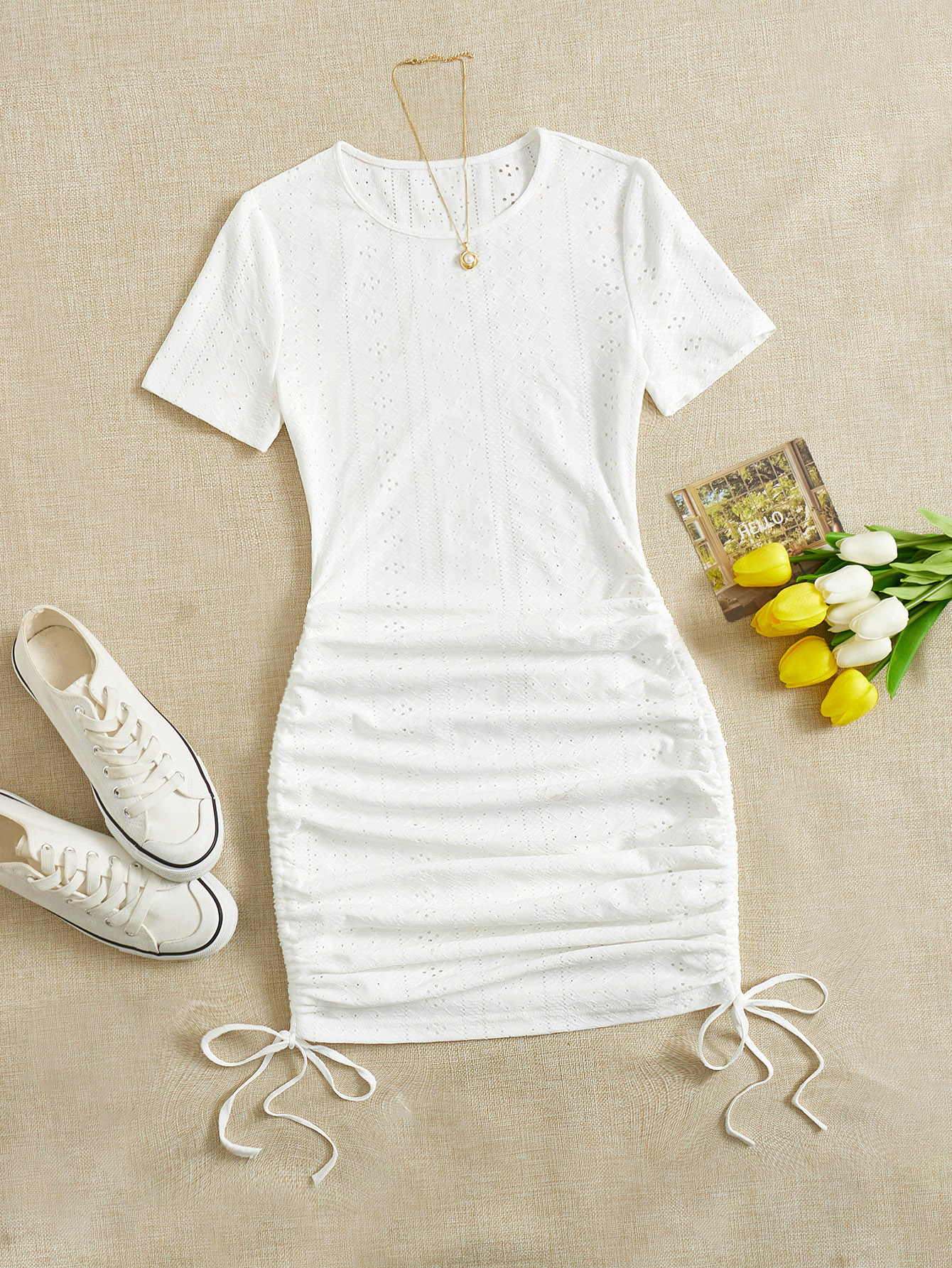 SHEIN EZwear Eyelet Embroidery Drawstring Side Bodycon Dress | SHEIN UK