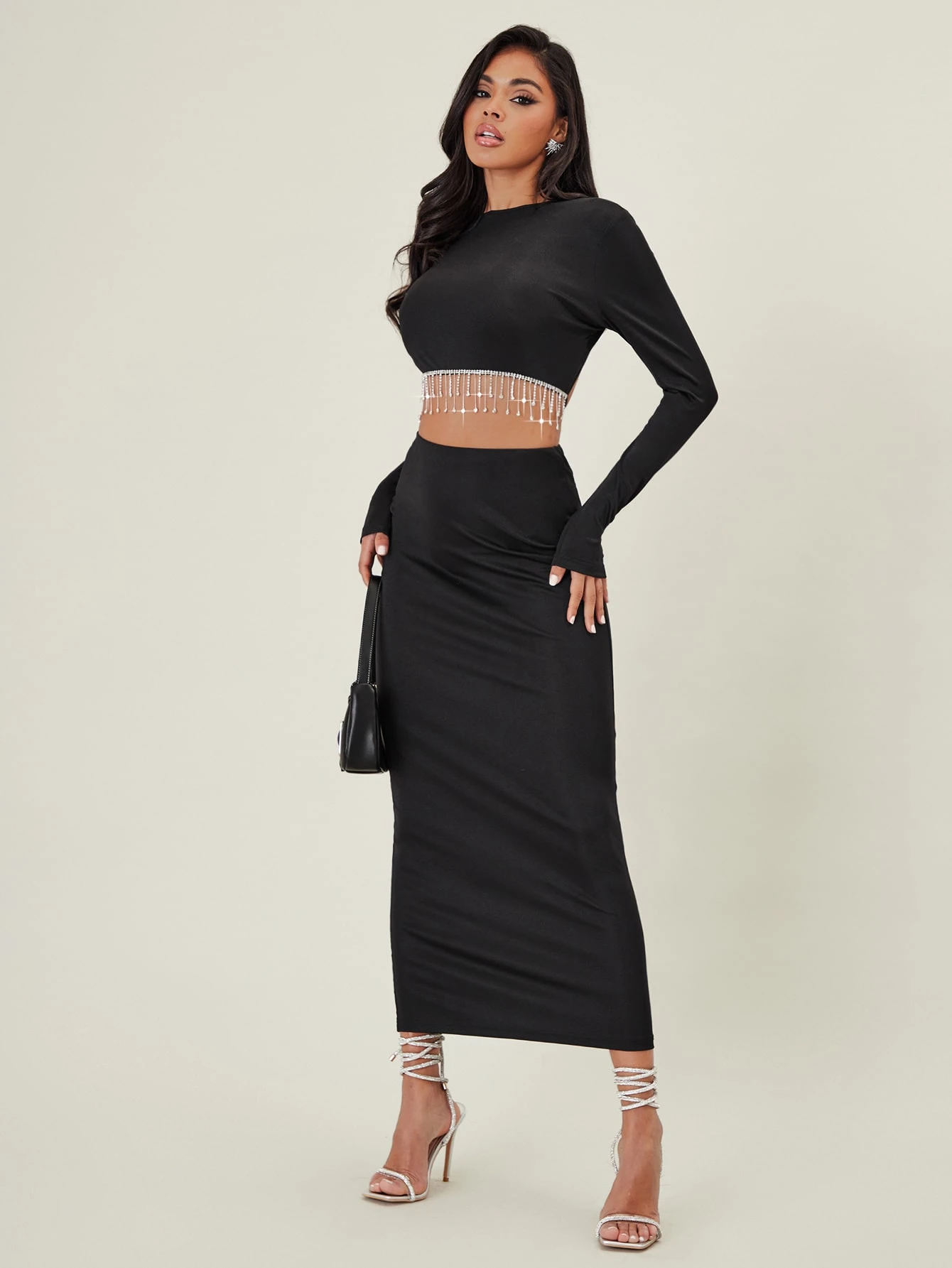 SHEIN BAE Rhinestone Fringe Hem Tie Backless Crop Top | SHEIN UK