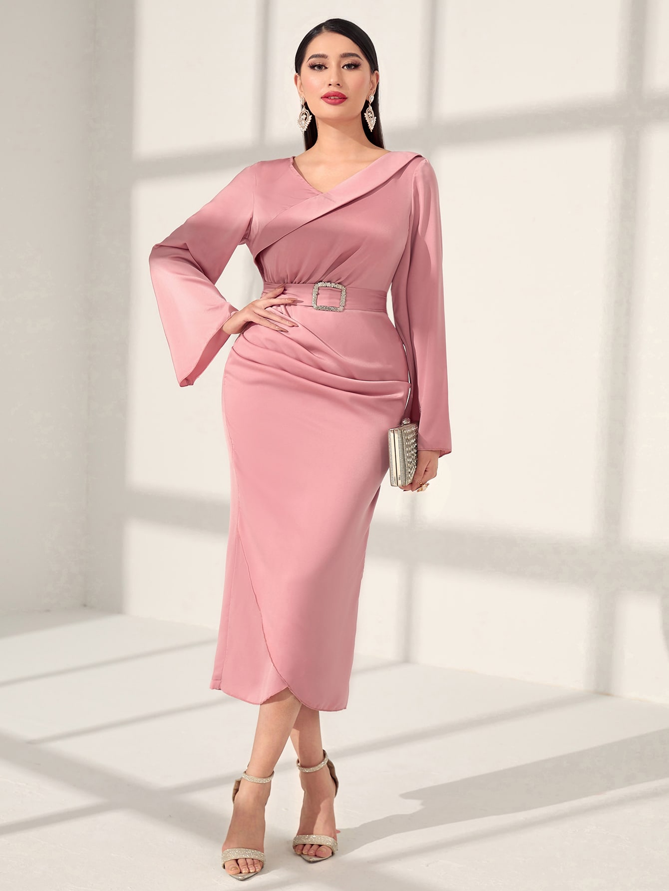 Shein Modely Trumpet Sleeve Ruched Wrap Hem Belted Dress | Shein Uk