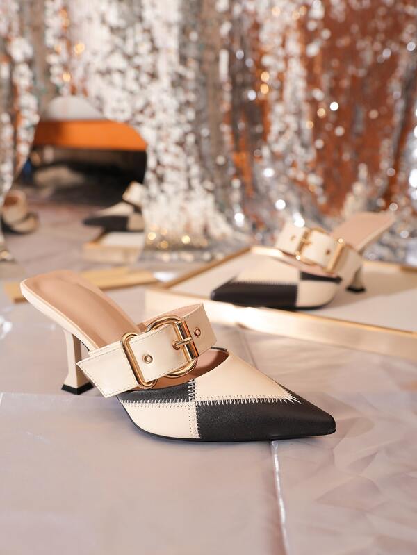 Women Stitched Detail Buckle Decor Color Block Mule Pumps Point Toe ...