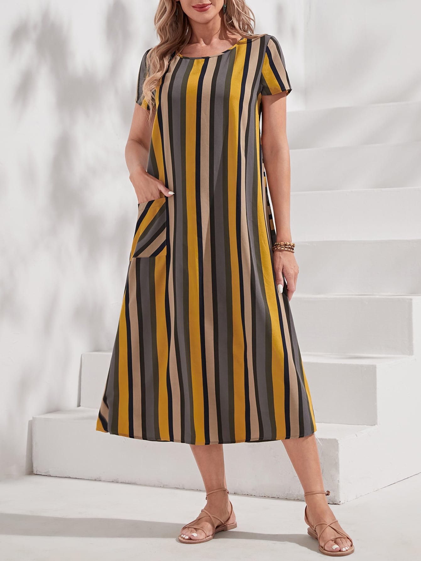 EMERY ROSE Striped Print Pocket Patched Dress | SHEIN USA